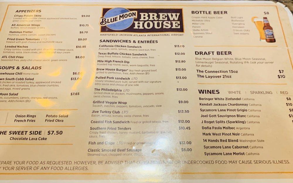 Menu at Blue Moon pub & bar, Atlanta, N Terminal Pkwy