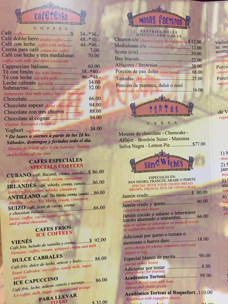 Carta de Café Tortoni, Buenos Aires, Av. de Mayo 825
