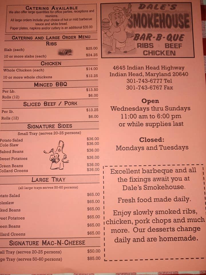 Menu at Dale's Smokehouse restaurant, Indian Head