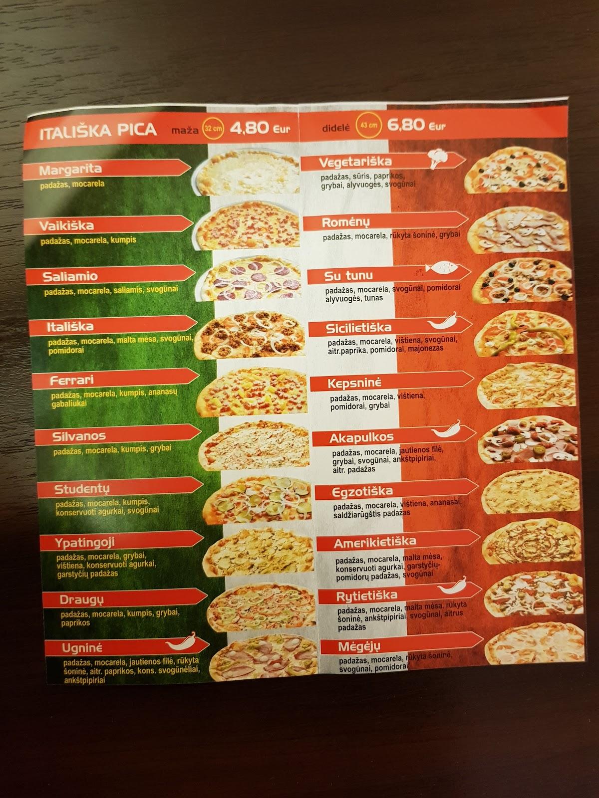 Menu at Fokus pizza restaurant, Pabradė