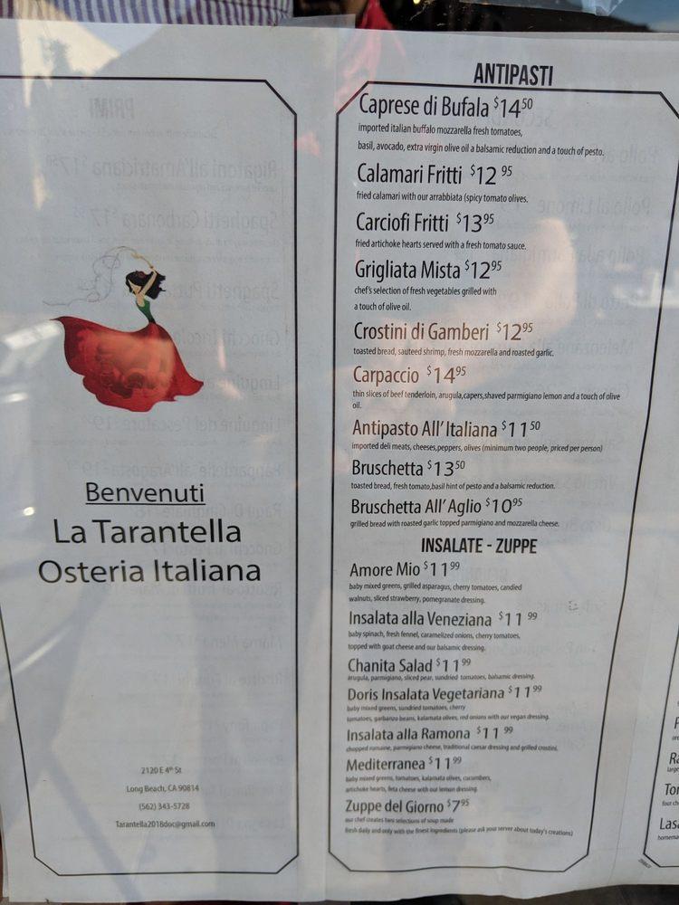 Menu at La Tarantella Osteria restaurant, Long Beach