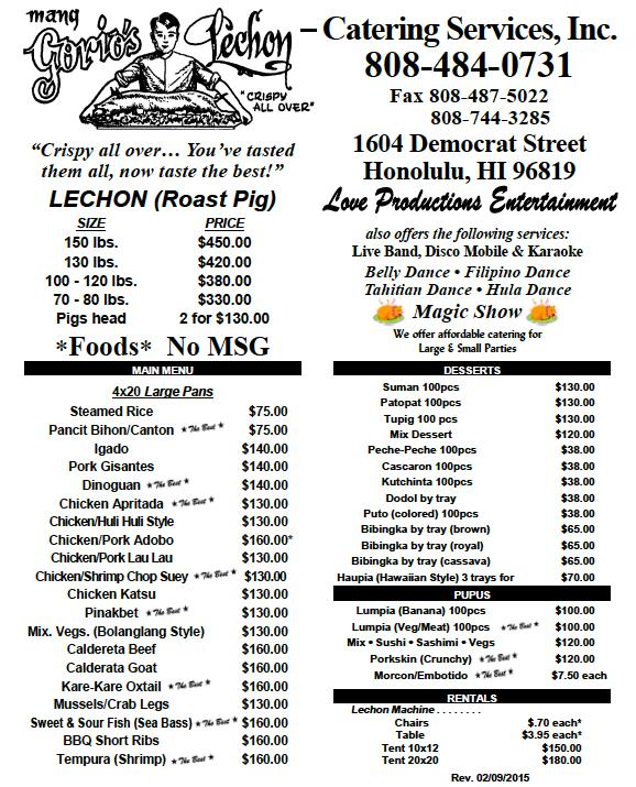 Menu at Mang Gorio's Lechon & Catering Services, Inc. restaurant, Honolulu