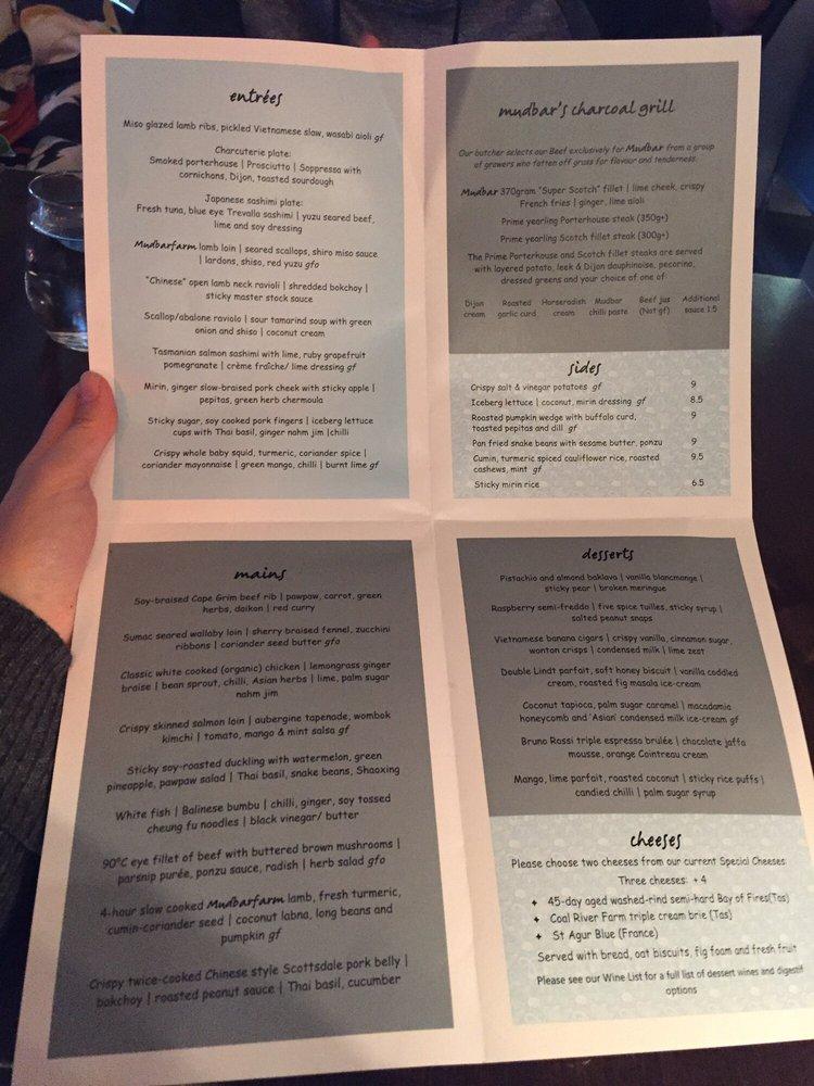 Menu at Mudbar Restaurant, Launceston
