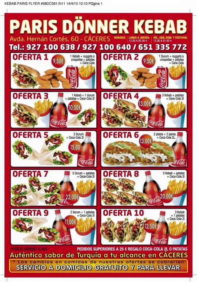 Carta del restaurante París Döner Kebab, Cáceres