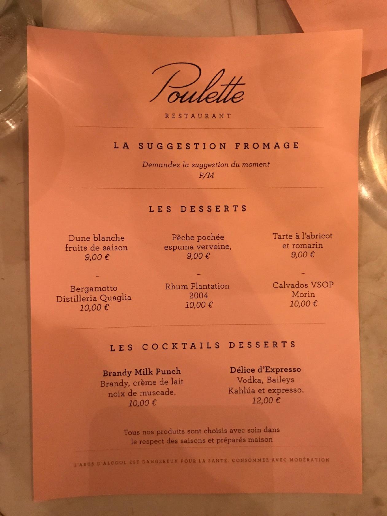 Menu at Poulette restaurant, Paris, 3 Rue Étienne Marcel