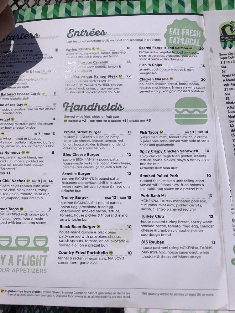 Menu at Prairie Street Brewing Co pub & bar, Rockford