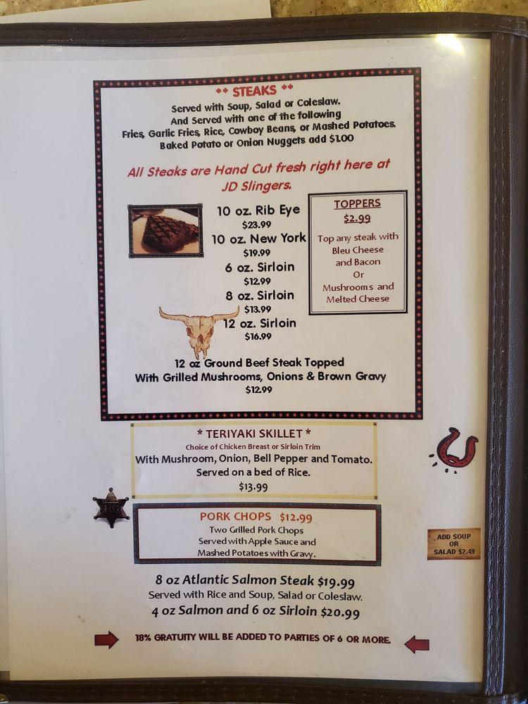 Menu at J D Slinger's Steakhouse, Fallon