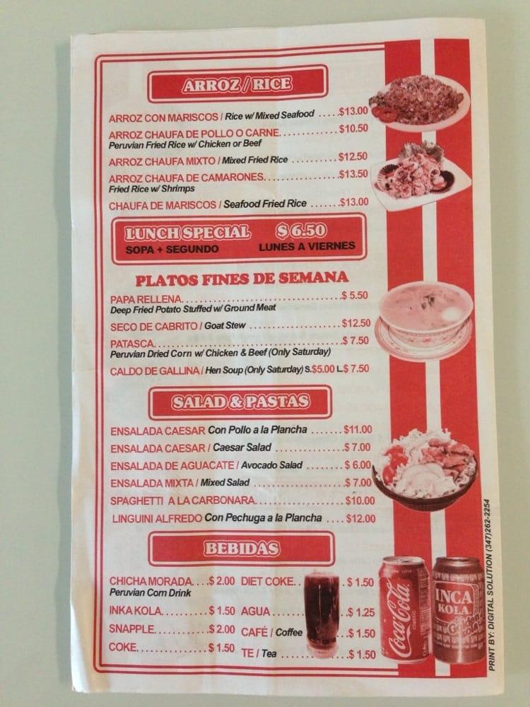 Carta del restaurante Mistura Peruana, Nueva York, Jamaica Ave