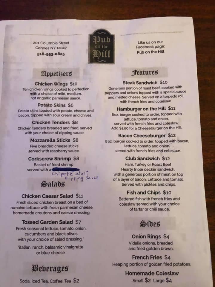 Menu at Pub On the Hill, Cohoes