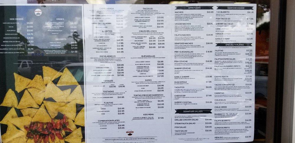 Menu at Don Goyo's Mexican Food restaurant, Kaneohe, 45-480 Kaneohe Bay ...