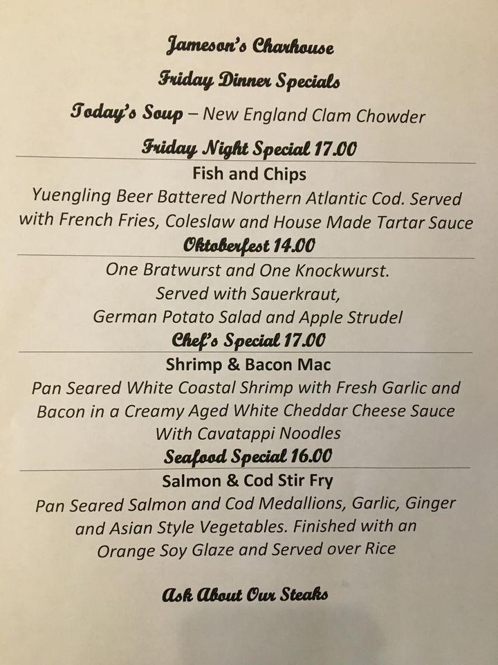 Menu at Jameson's Charhouse steakhouse, Bluffton