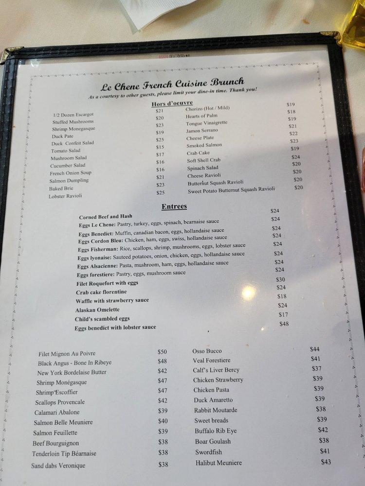 Menu at Le Chêne French Cuisine restaurant, Santa Clarita, Sierra Hwy