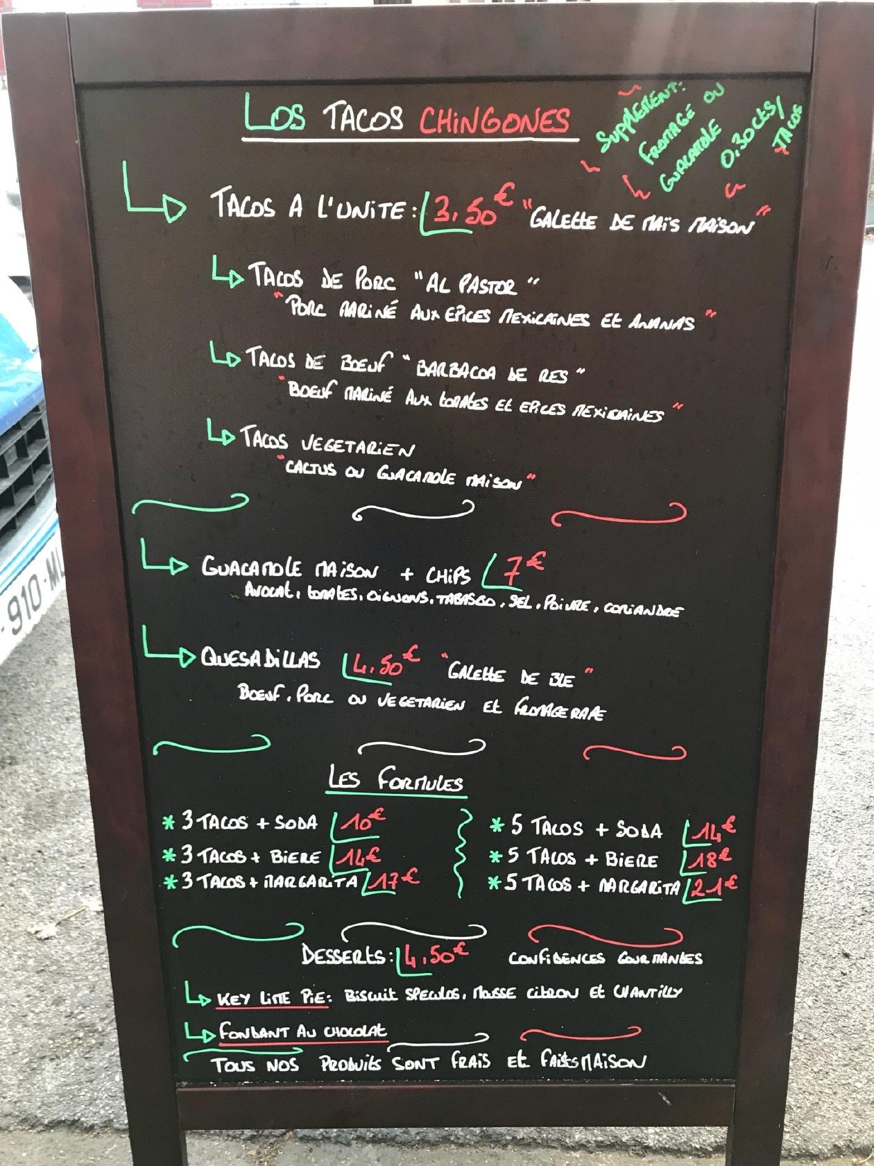 Menu at Los Tacos Chingones restaurant, Biarritz