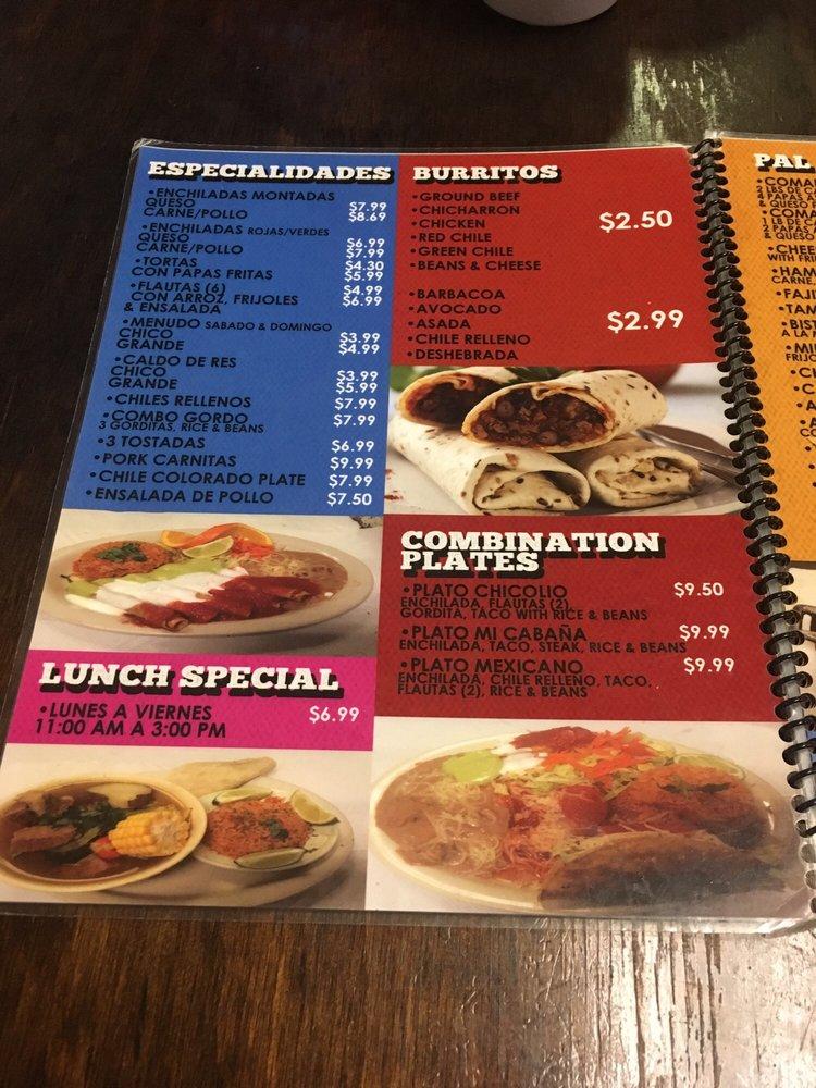 Menu at Mi Cabaña restaurant, Socorro, 657 Horizon Blvd