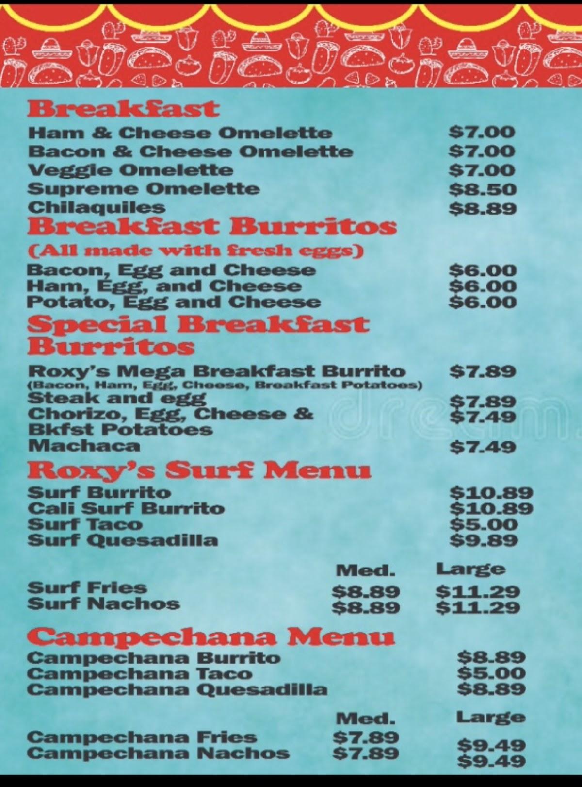 Menu at Roxy’s Tacos restaurant, San Diego