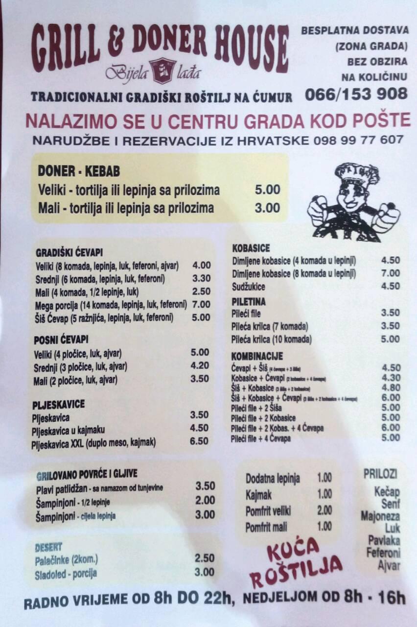 Menu at GRILL & DONER HOUSE Bijela Lađa restaurant, Gradiška