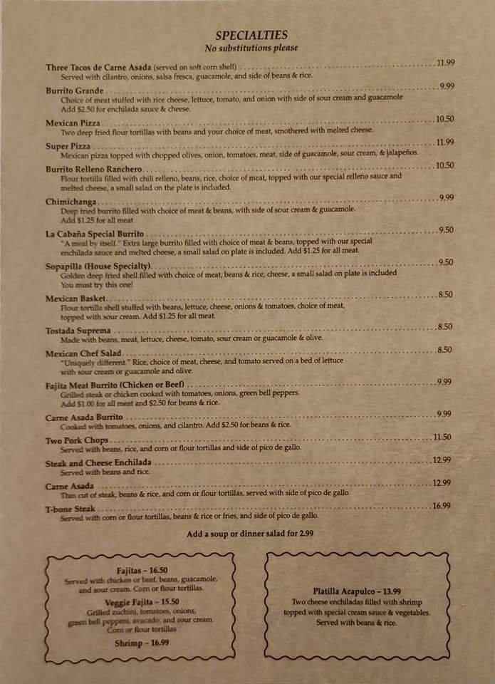 Menu at La Cabana Restaurant, Vernal