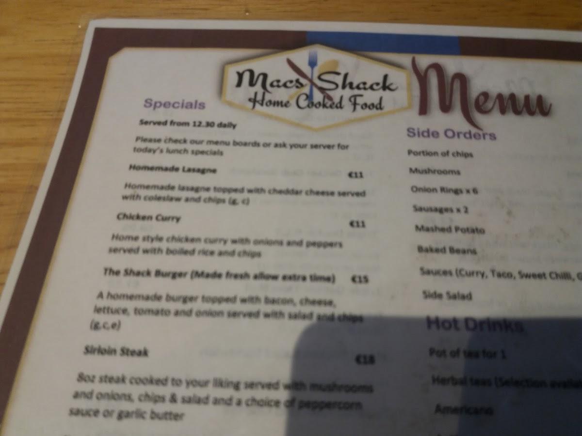 Menu at Macs Shack restaurant, Keenagh, Crannach