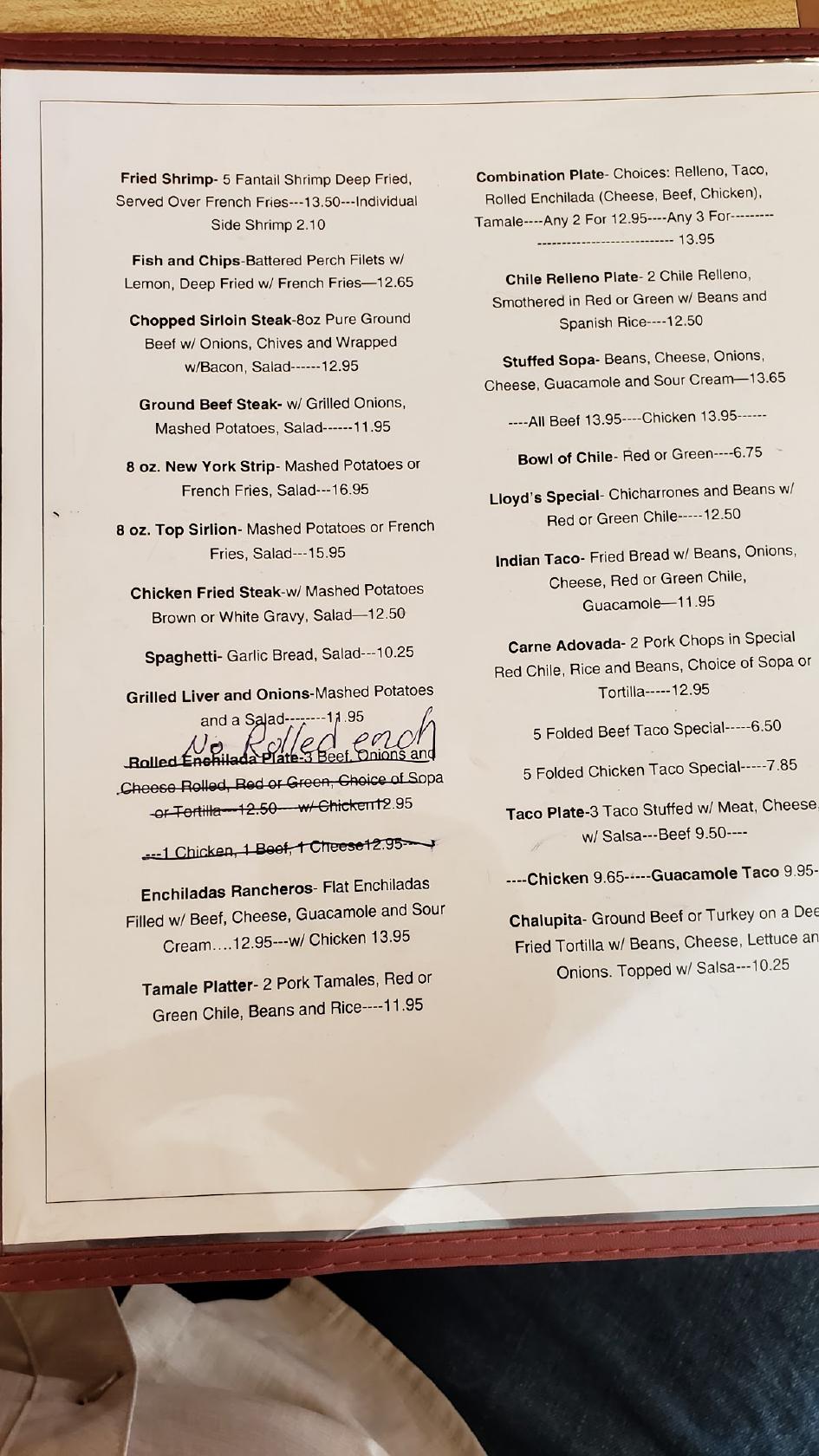 Menu at Ricky's restaurant, Taos