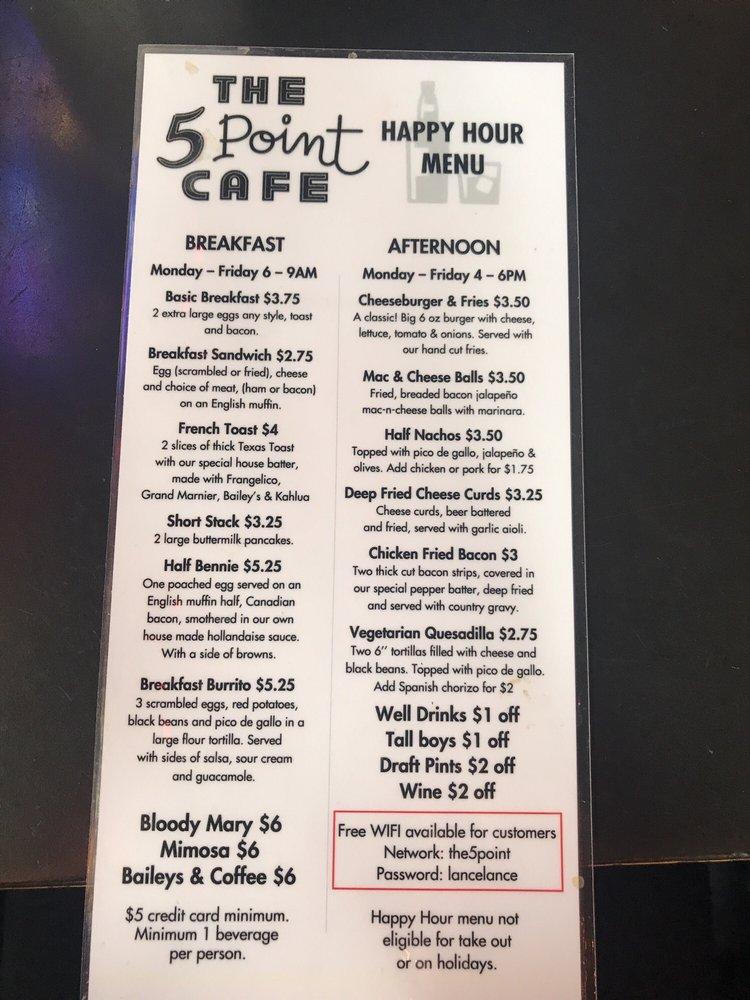 Menu at The 5 Point Cafe 24 Hour Legendary Dive Bar & Diner, Seattle