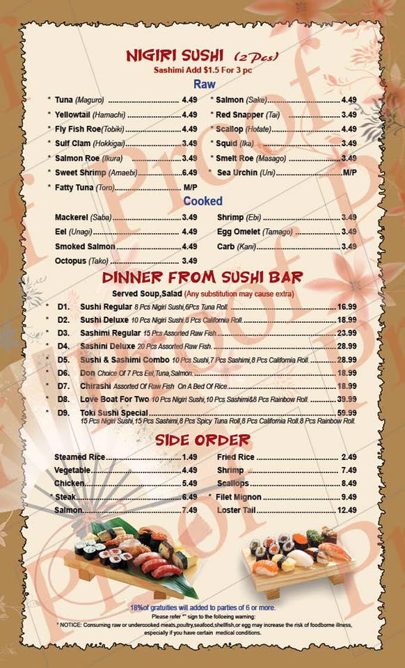 Menu at Toki sushi & steak house restaurant, Barnesville