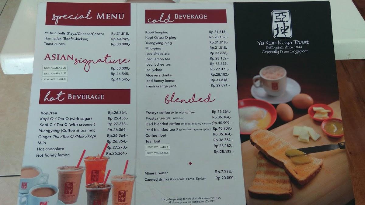 Carta del restaurante Ya kun Kaya Toast, Kuta, Jl. Dewi Sri No.5-7