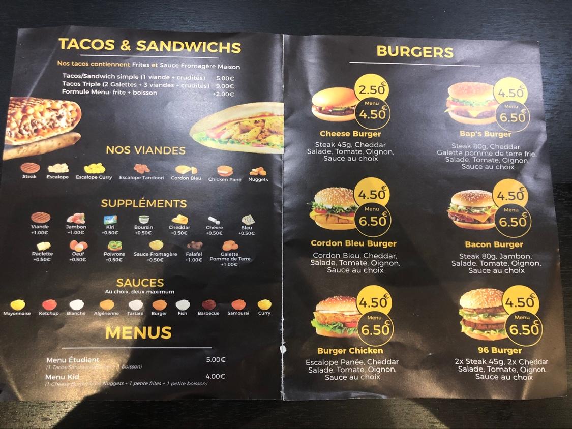 Menu au 96 Food Avenue restaurant, Firminy