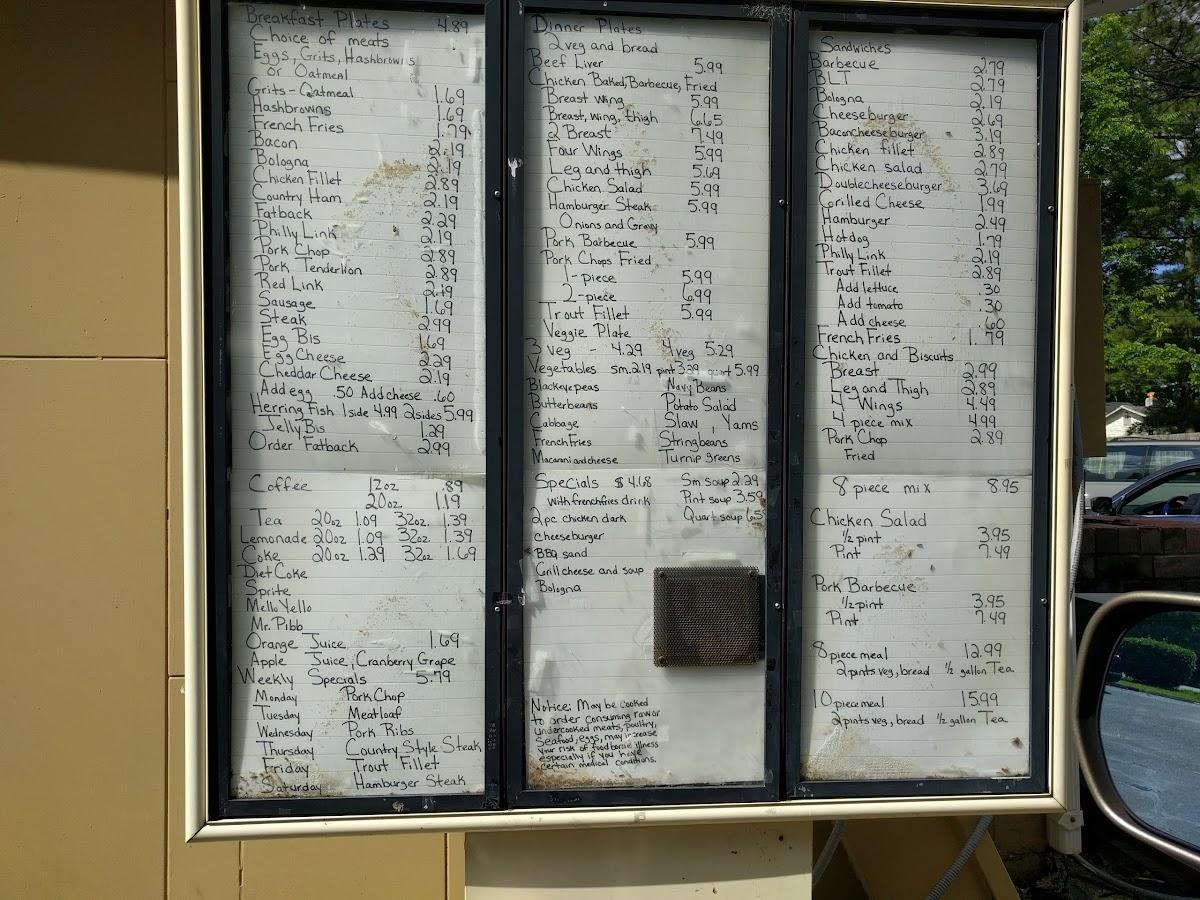 Menu at Abner's Drive In restaurant, Roanoke Rapids
