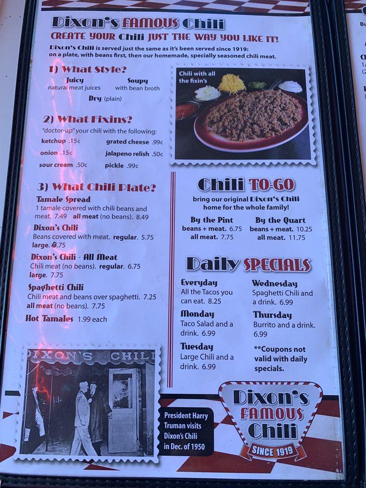 Menu at Dixon's Famous Chili Parlor restaurant, Independence
