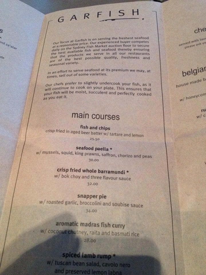 Menu at Garfish restaurant, Crows Nest, 6/29 Holtermann St