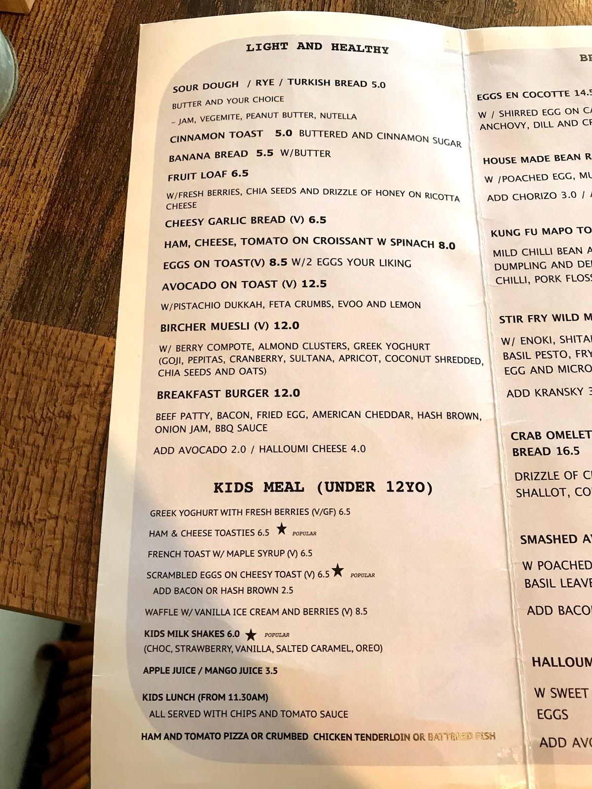 Menu at Jacaranda Coffee Lane restaurant, Brisbane City