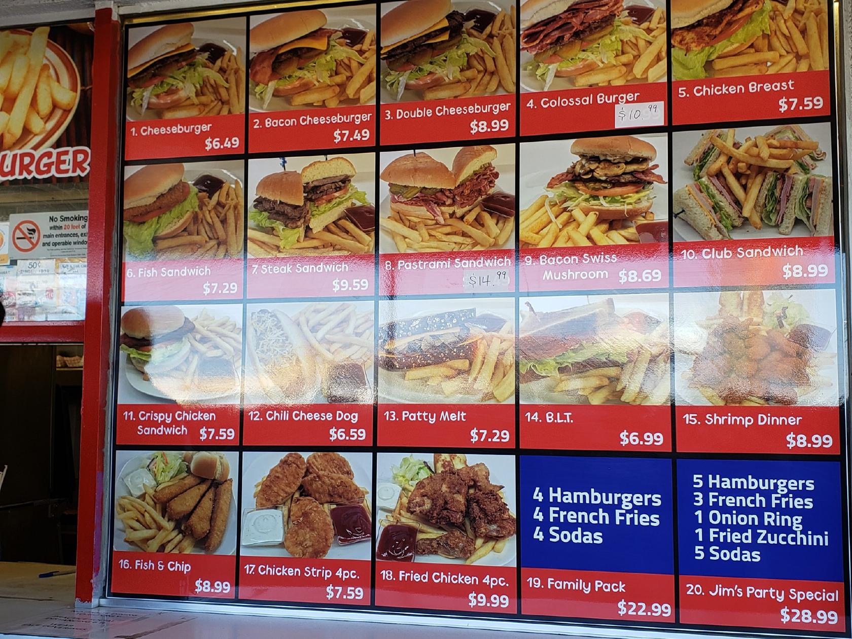 Menu at Jims Super Burgers fast food, Anaheim