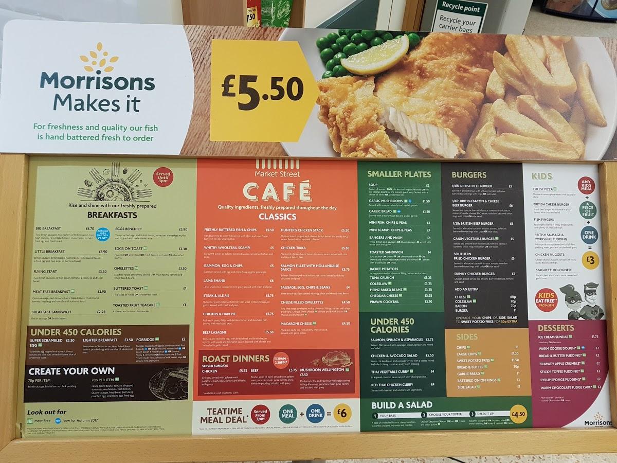 Menu at Morrisons Cafe, Exeter, Prince Charles Rd