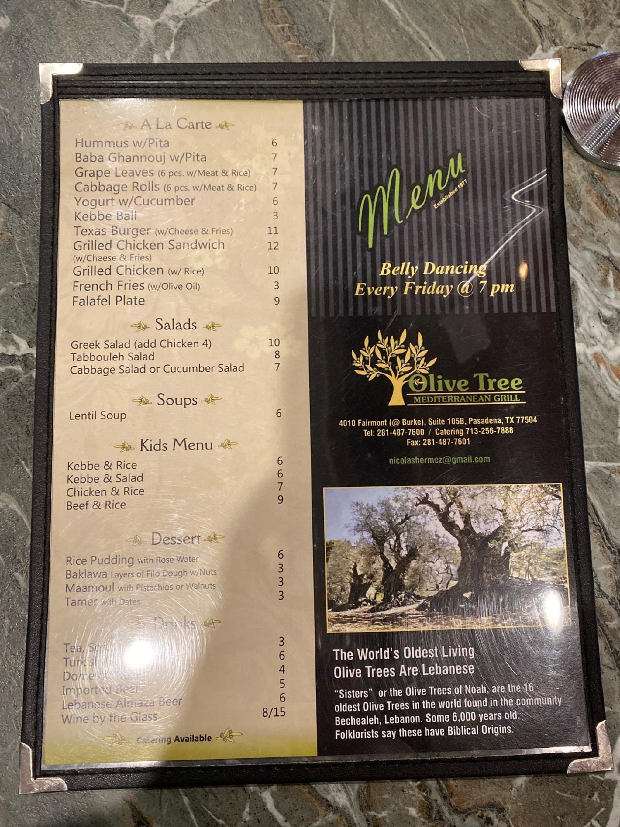 Carta del restaurante Olive Tree, Pasadena, Fairmont Pkwy