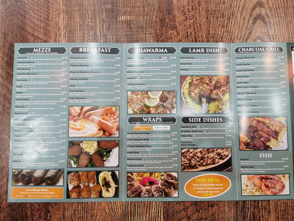 Menu at Palmyra Syrian & Lebanese restaurant, Birmingham