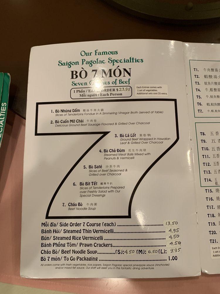 Menu at Saigon Pagolac restaurant, Houston