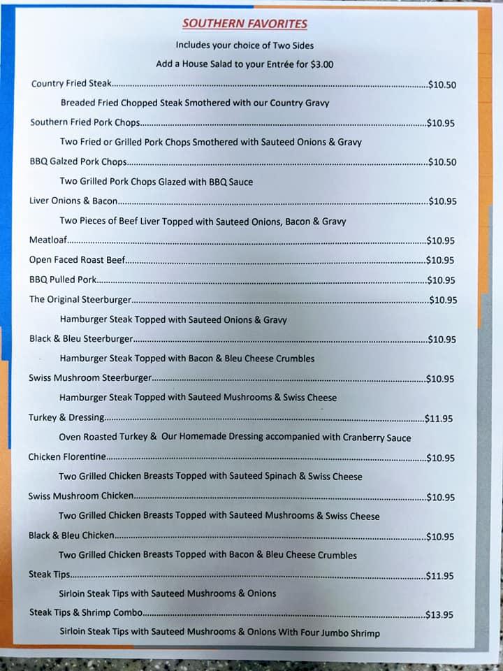 Menu at The Southern Table restaurant, Bunnell