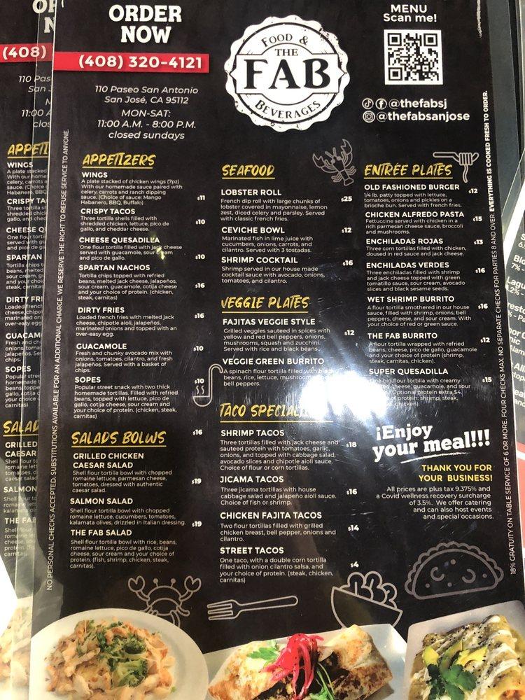 Menu at The FAB pub & bar, San Jose