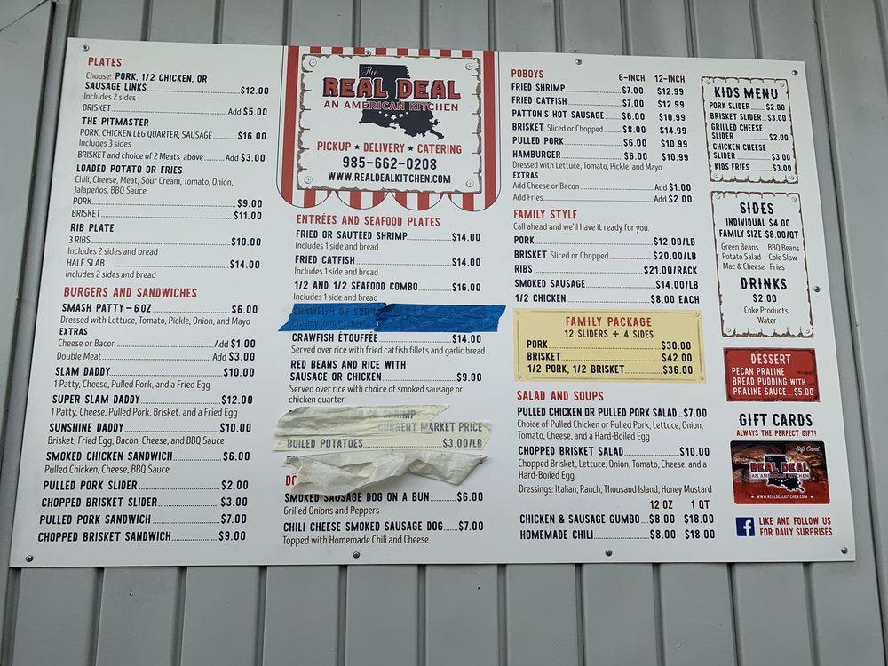 Menu at The Real Deal an American Kitchen BBQ, Hammond