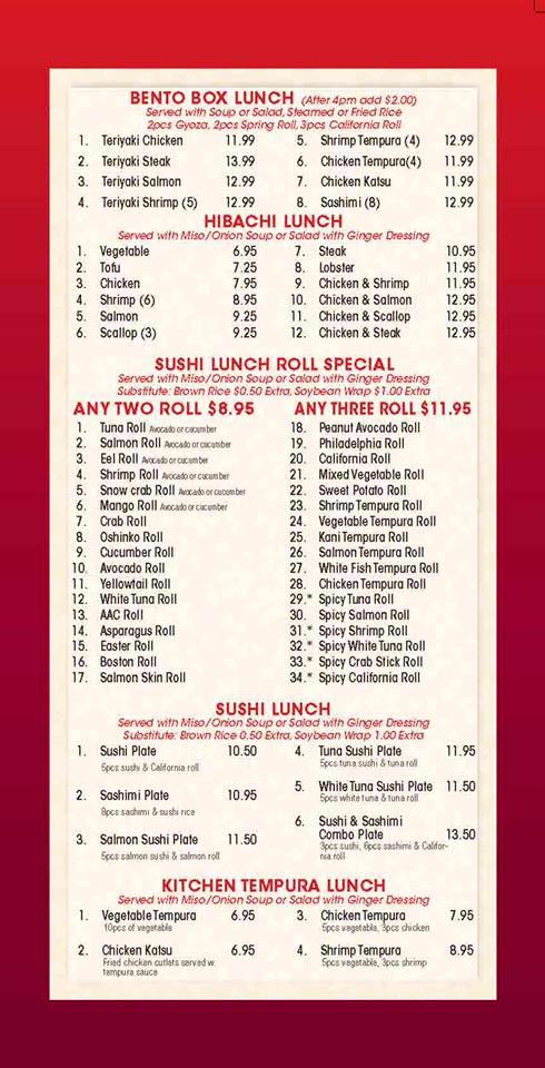 Menu at Yamazaki Sushi and Hibachi restaurant, Columbus