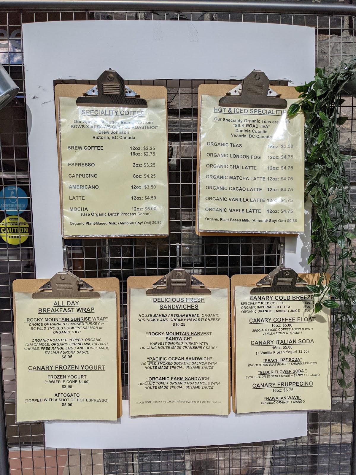 Carta del café Canary Coffee Ltd., Canmore