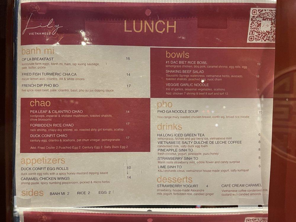 Menu at Lily restaurant, San Francisco