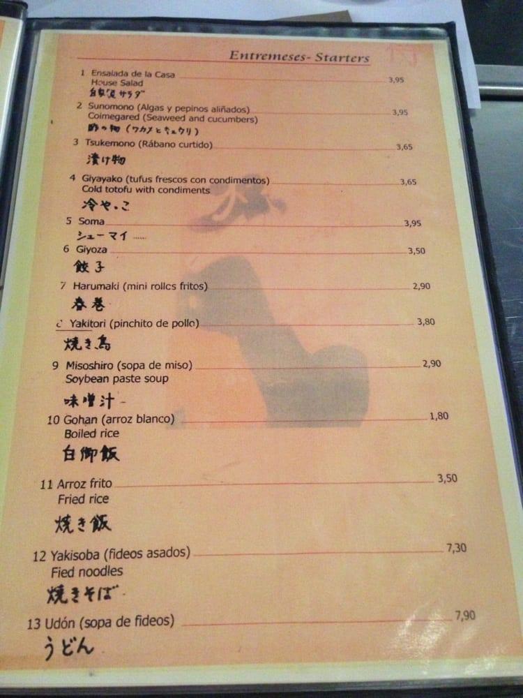 Carta del restaurante Samurai, Sevilla