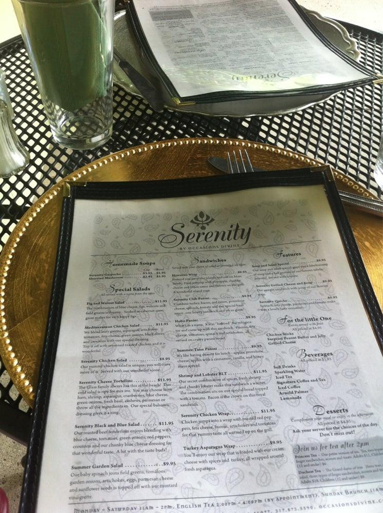 Menu at Serenity cafe, Zionsville