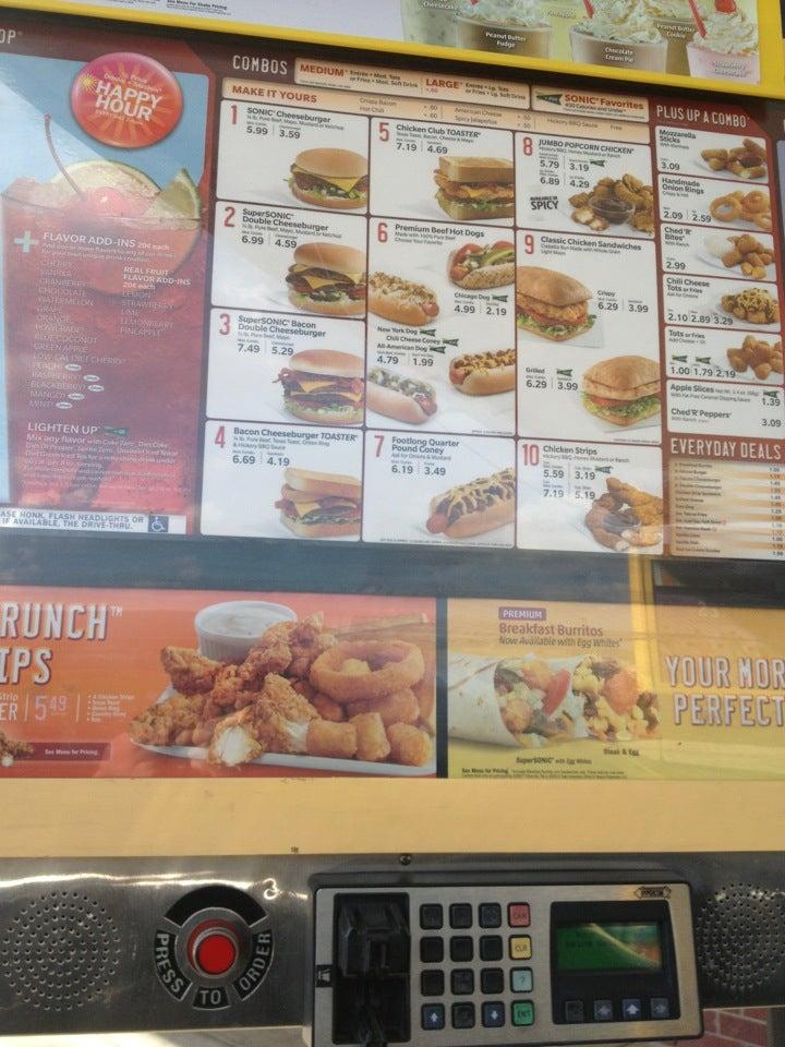 Menu at Sonic Drive-In fast food, Killeen, John David Dr