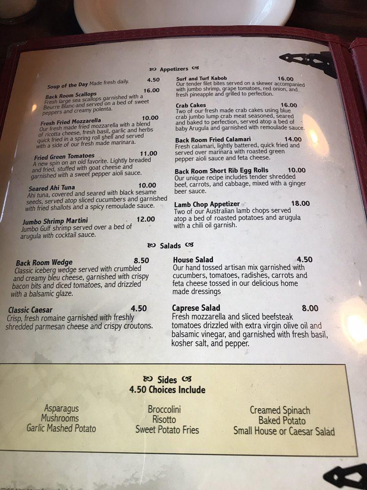 Menu at The Back Room Steakhouse, Apopka