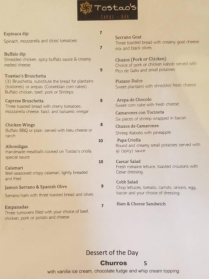 Menu at Tostao's Tapas-bar, Nashua