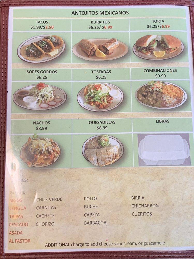 Menu at Colima restaurant, Parlier