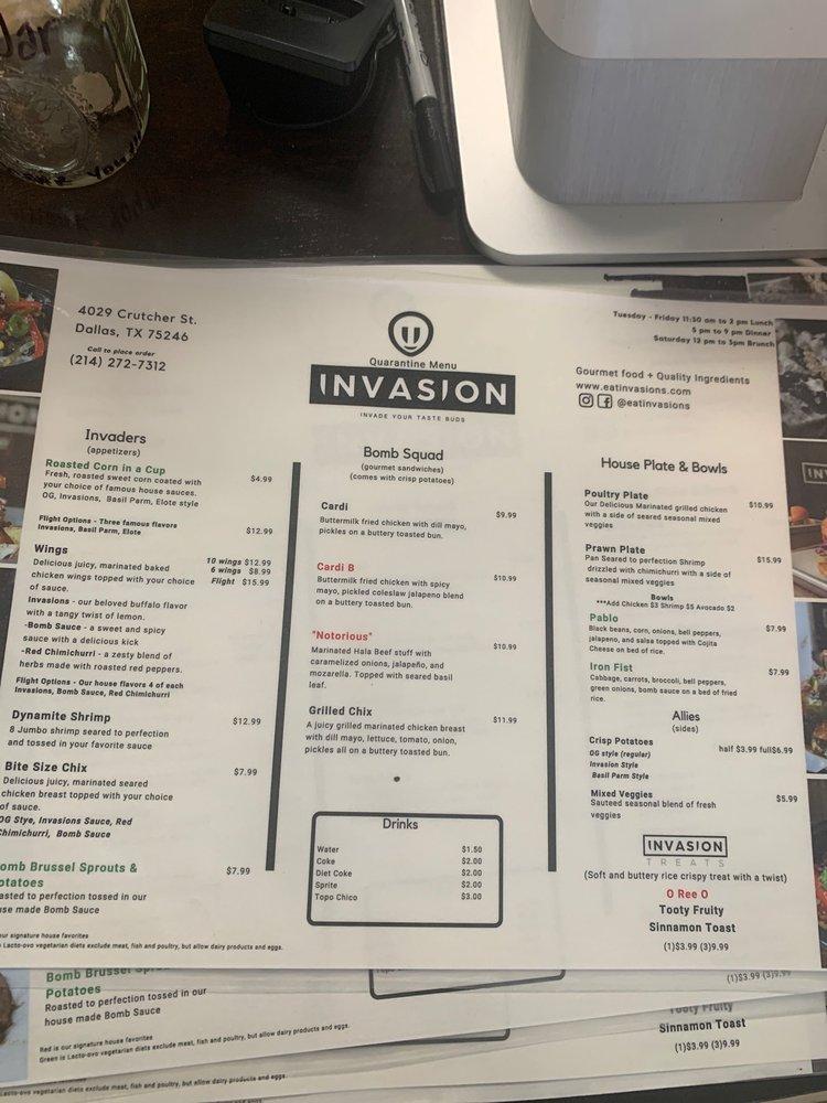 Menu at INVASION restaurant, Dallas