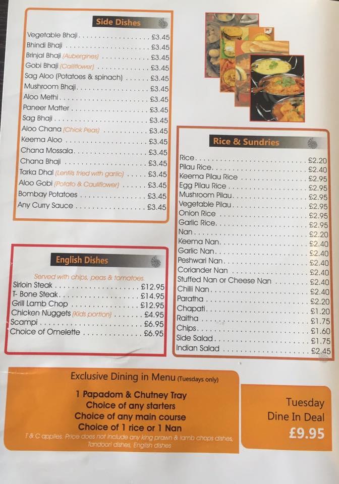 Menu at Indian Ocean restaurant, Manchester